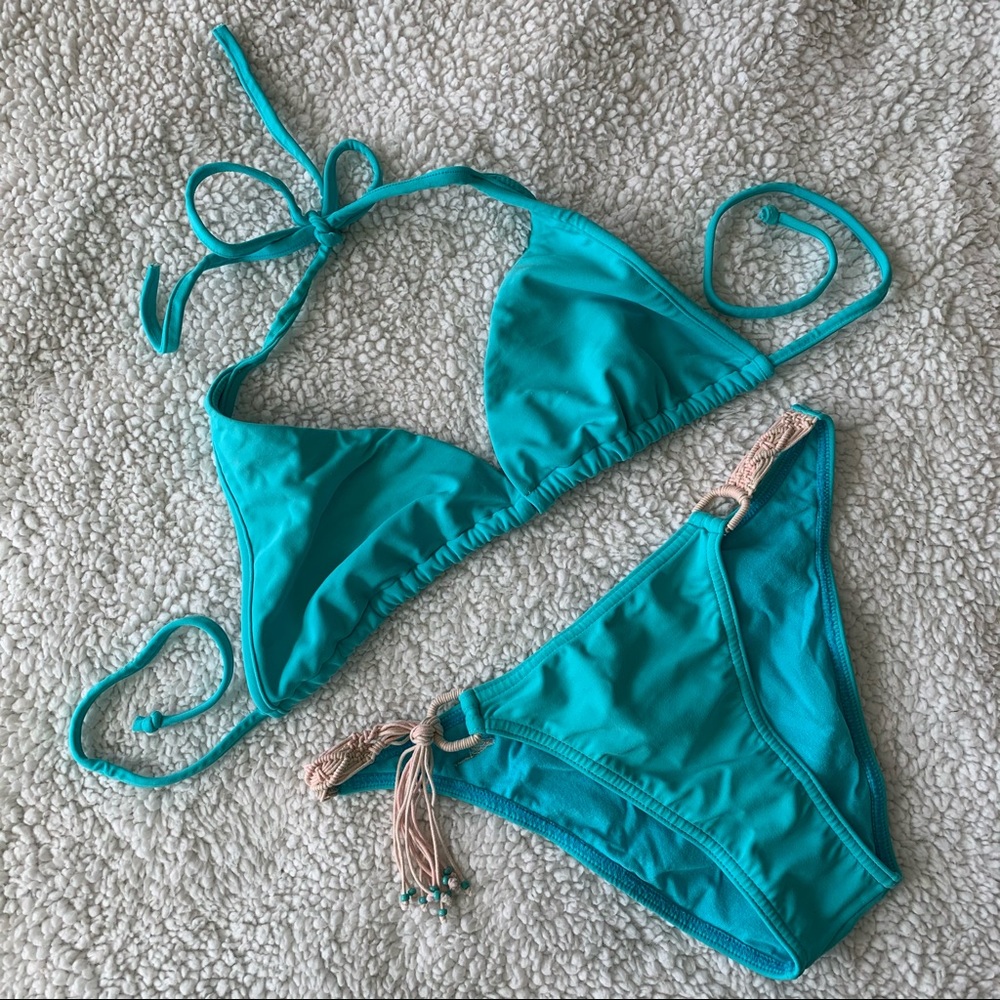 Aqua Blue String Bikini Set W Crochet Detailing - Gem